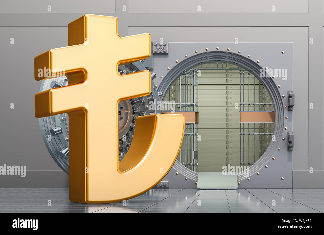 Lira sign with opened bank vault, 3D rendering isolated on white ...
