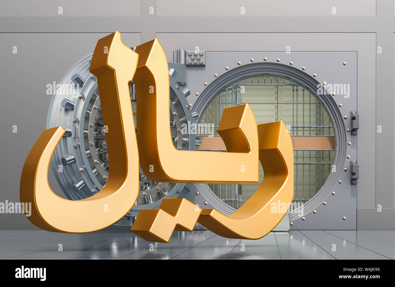 Saudi riyal sign with opened bank vault, 3D rendering isolated on white ...