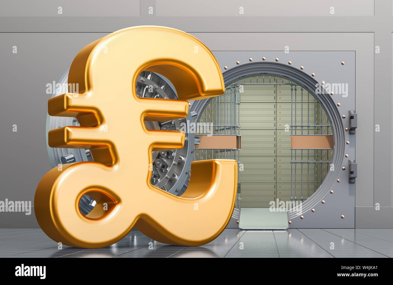 Pound sterling sign with opened bank vault, 3D rendering isolated on ...