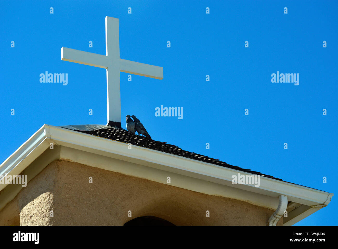 Two pigeons stand on the bell tower of the San Francisco de Asia Church ...