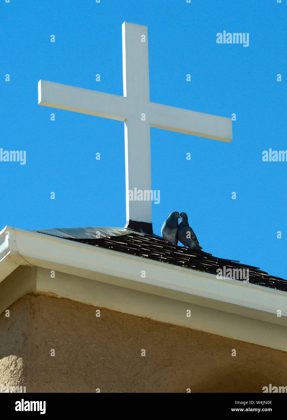 Two pigeons stand on the bell tower of the San Francisco de Asia Church ...