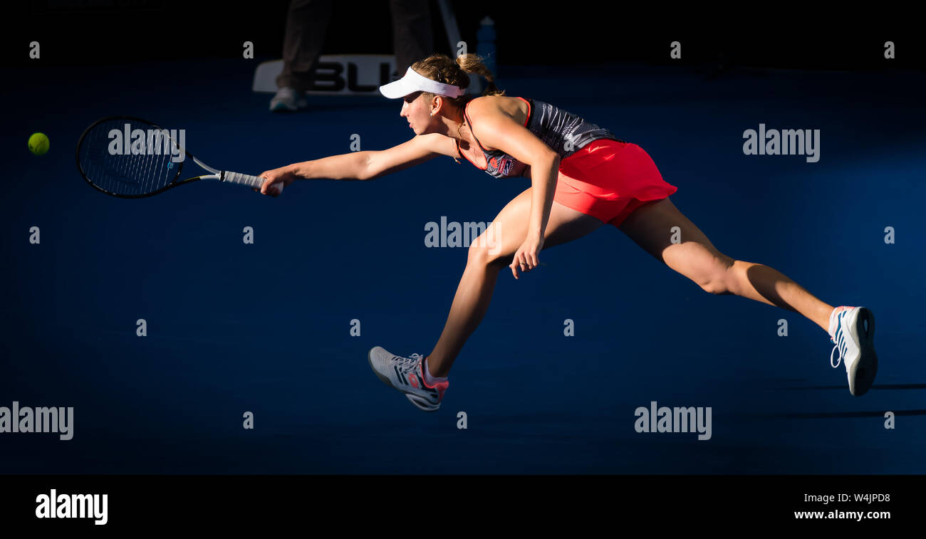Elise Mertens of Belgium in action during her first-round match at the ...