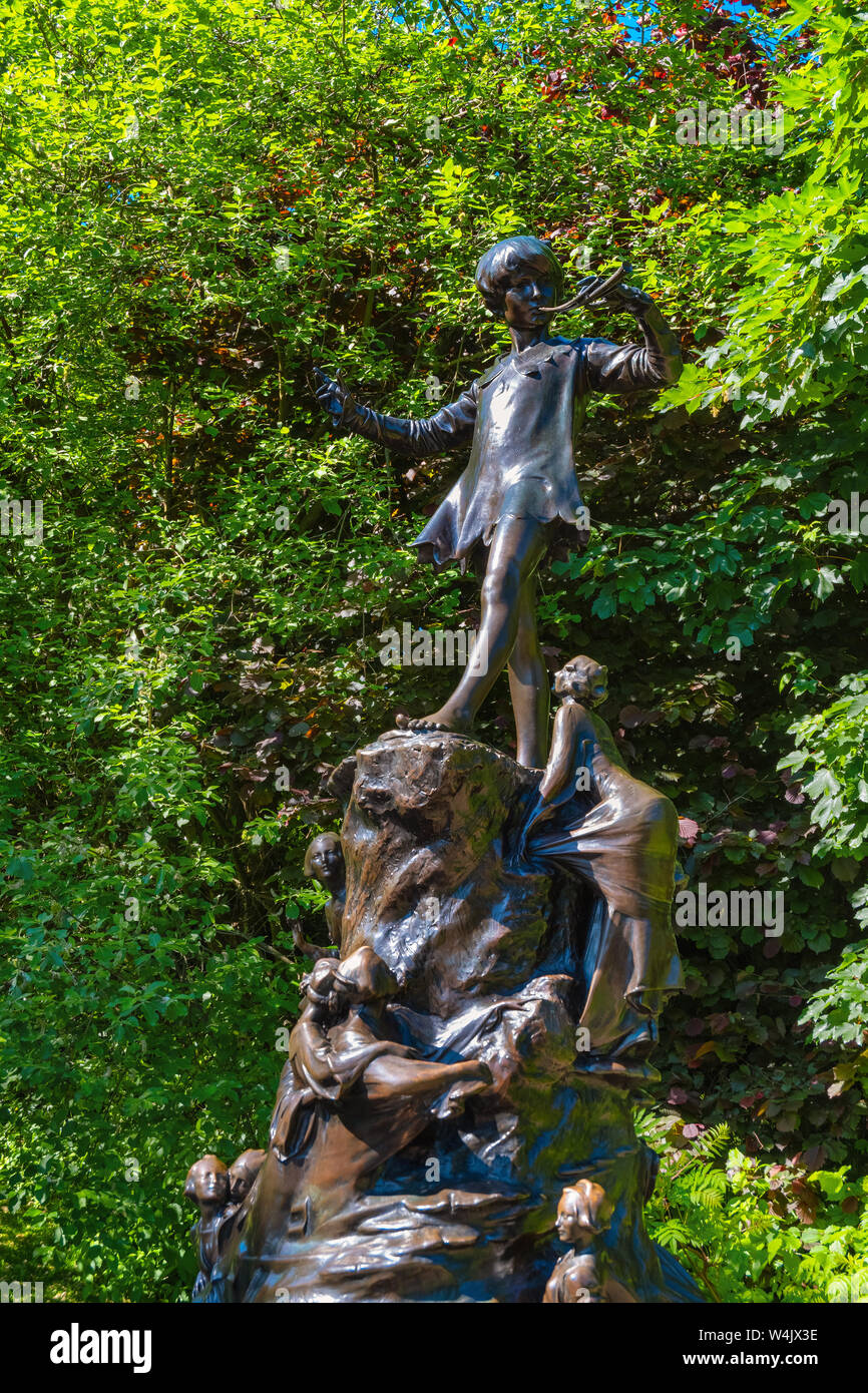 London, UK - May 14 2018: The Peter Pan statue, bronze sculpture of J ...