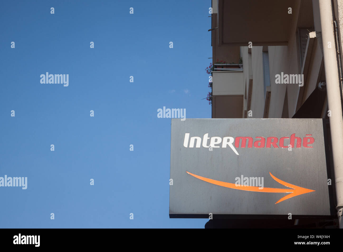 LYON, FRANCE - JULY 17, 2019: Intermarche logo in front of their local ...