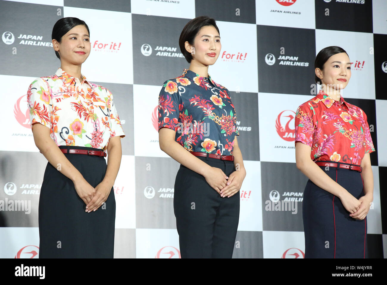 Tokyo, Japan. 23rd July, 2019. Japan Airlines (JAL) cabin attendants of ...