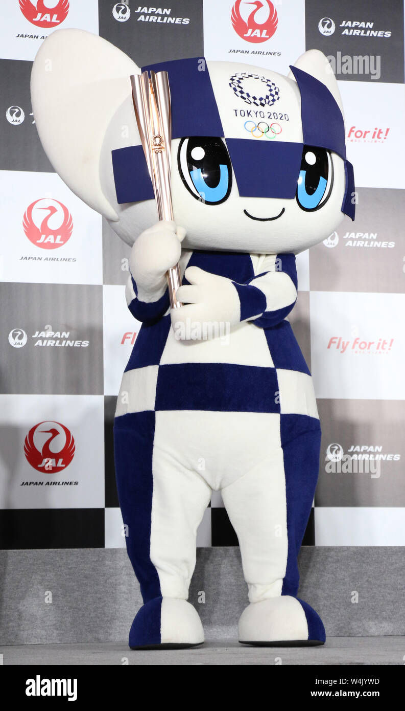 Tokyo, Japan. 23rd July, 2019. Tokyo 2020 Olympic macot Miraitow holds ...