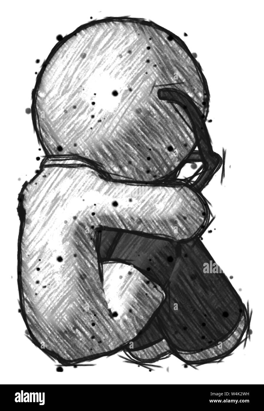 Sketch doctor scientist man sitting with head down back view facing ...