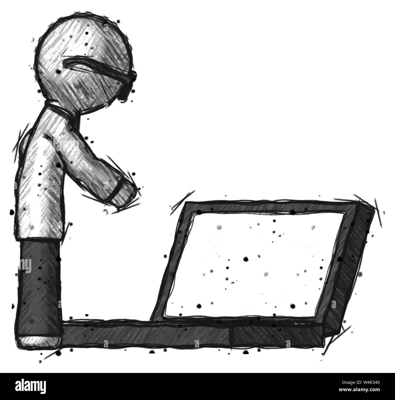 Sketch doctor scientist man using large laptop computer side ...