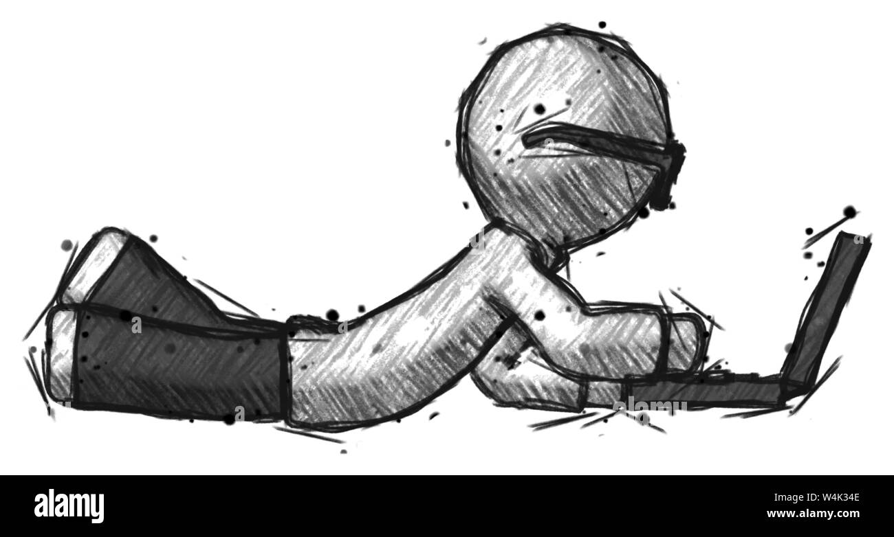 Sketch doctor scientist man using laptop computer while lying on floor ...