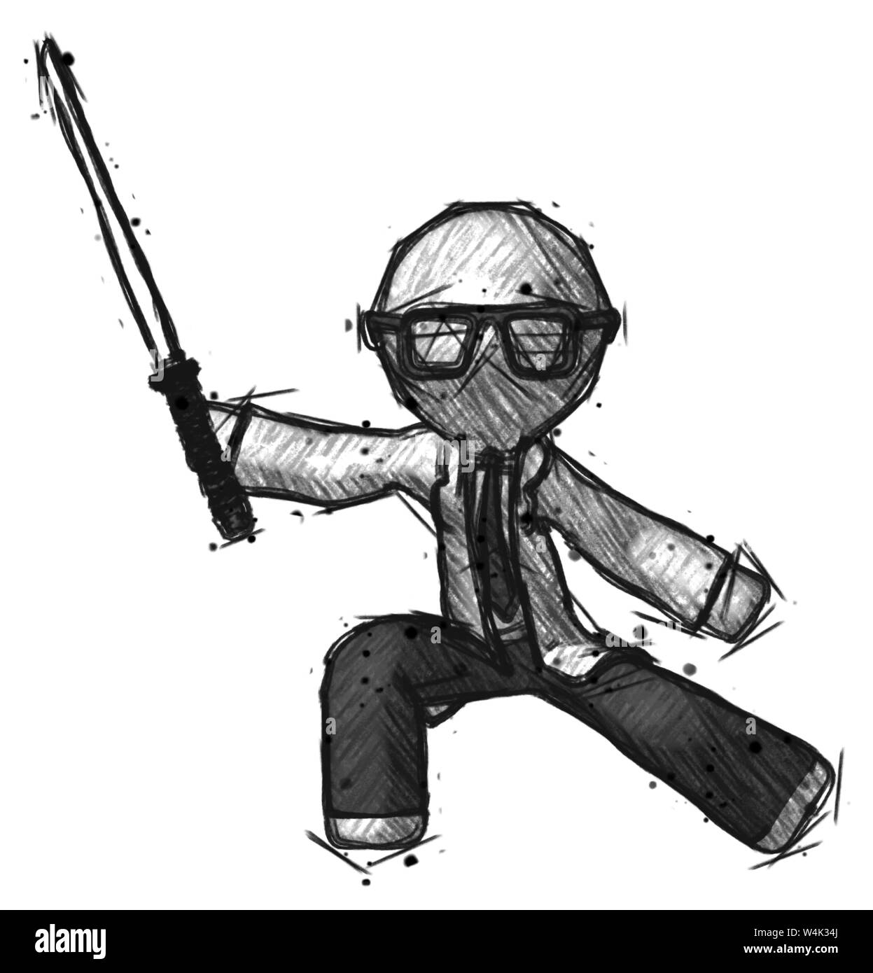 Sketch doctor scientist man with ninja sword katana in defense pose ...