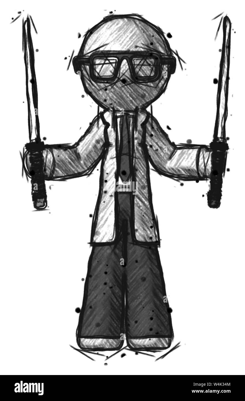 Sketch doctor scientist man posing with two ninja sword katanas up ...