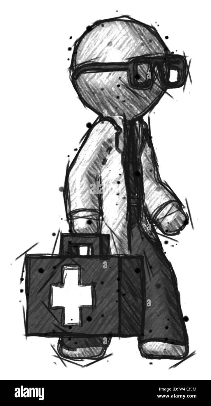 Sketch doctor scientist man walking with medical aid briefcase to right ...