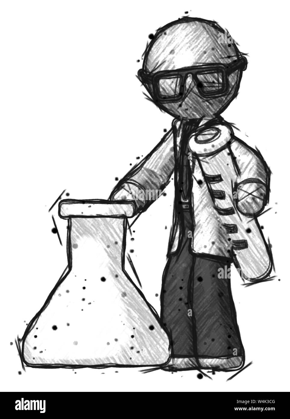 Sketch doctor scientist man holding test tube beside beaker or flask ...