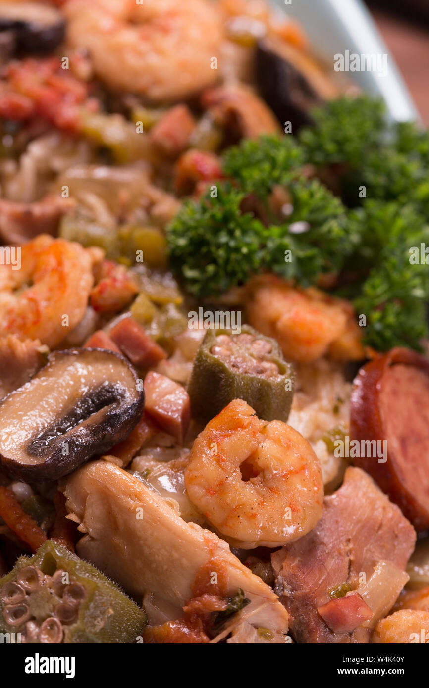 Louisiana Seafood Gumbo served over a bed of rice Stock Photo - Alamy