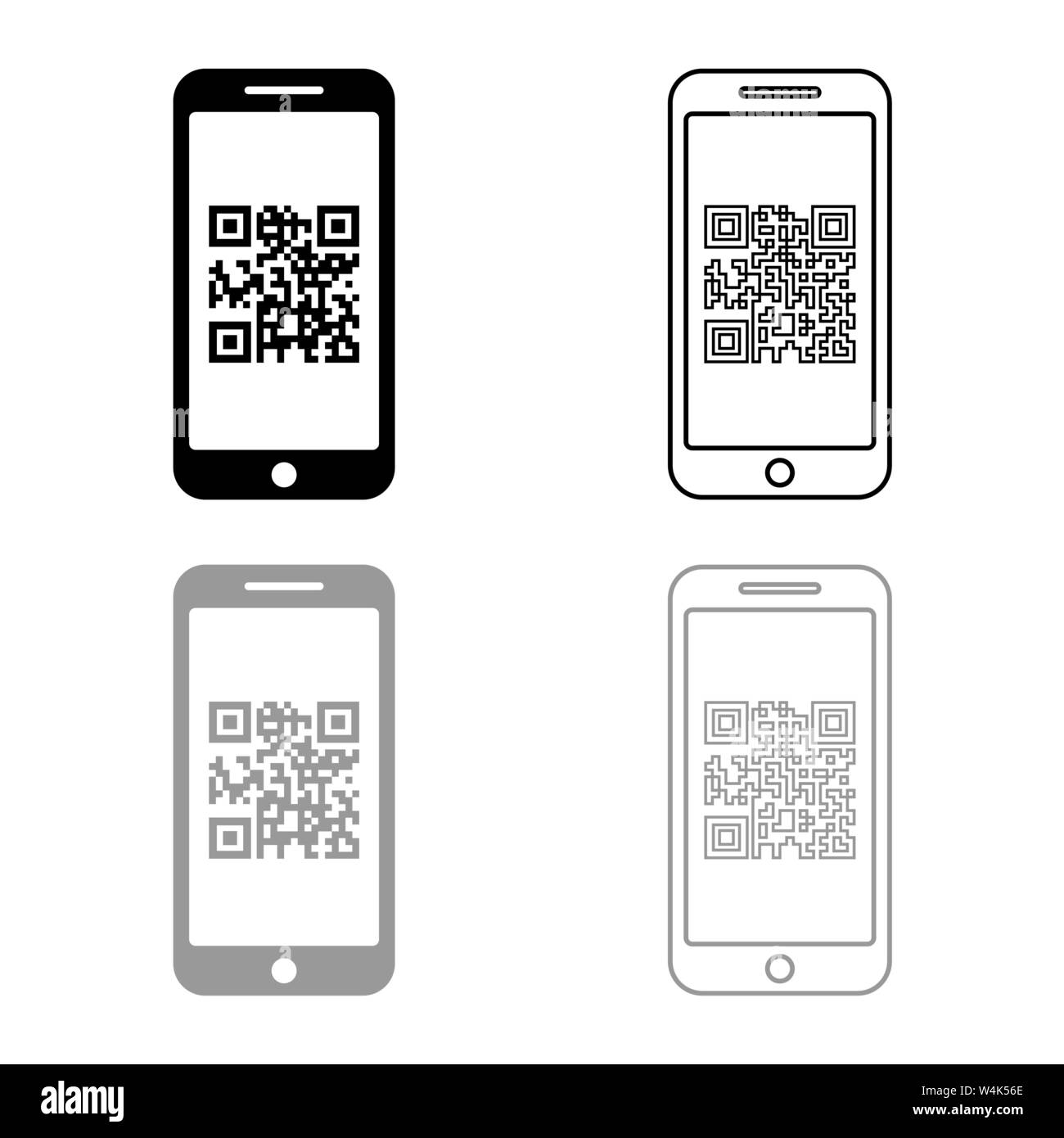 Smartphone with QR code on screen icon outline set black grey color ...