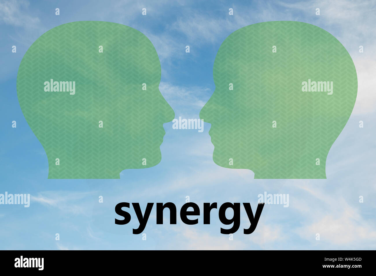 Render illustration of SYNERGY title under two head silhouettes, with ...