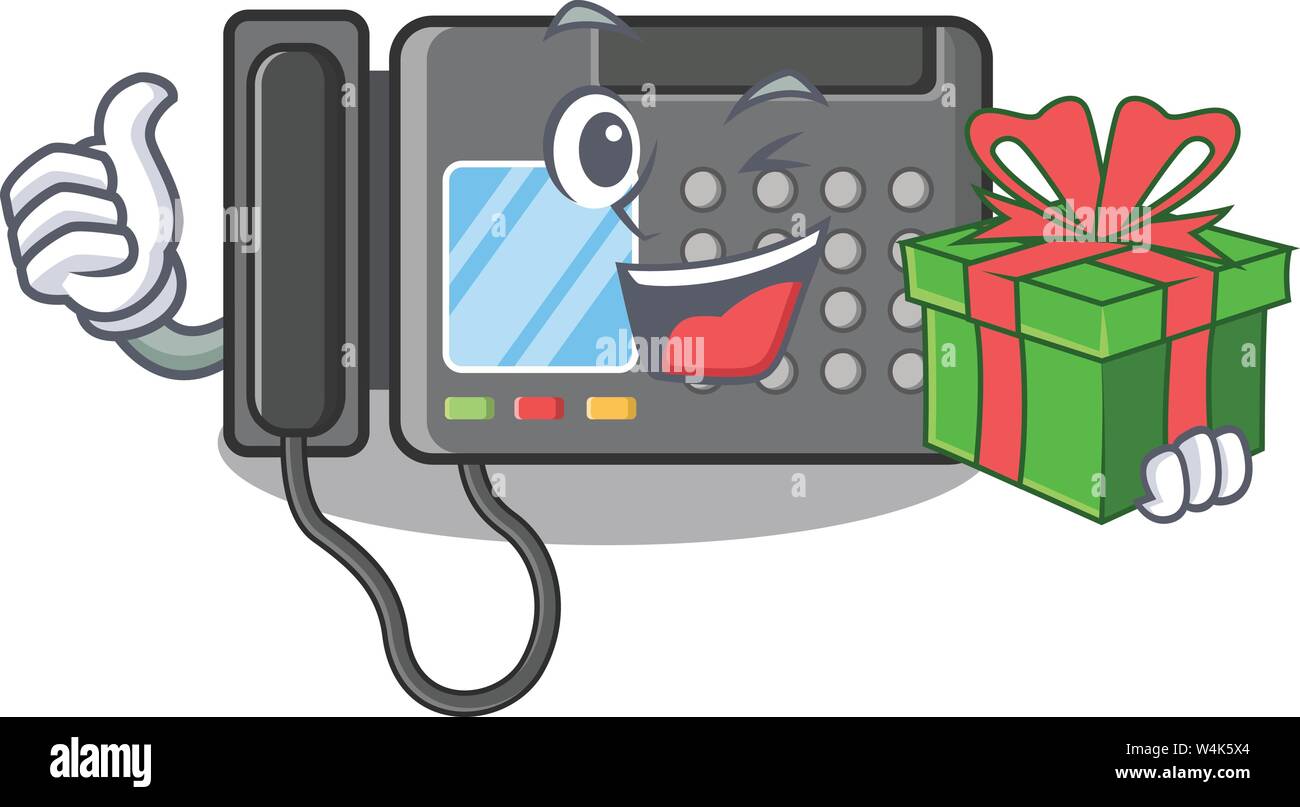 With gift fax machine above the cartoon table vector illustration Stock ...
