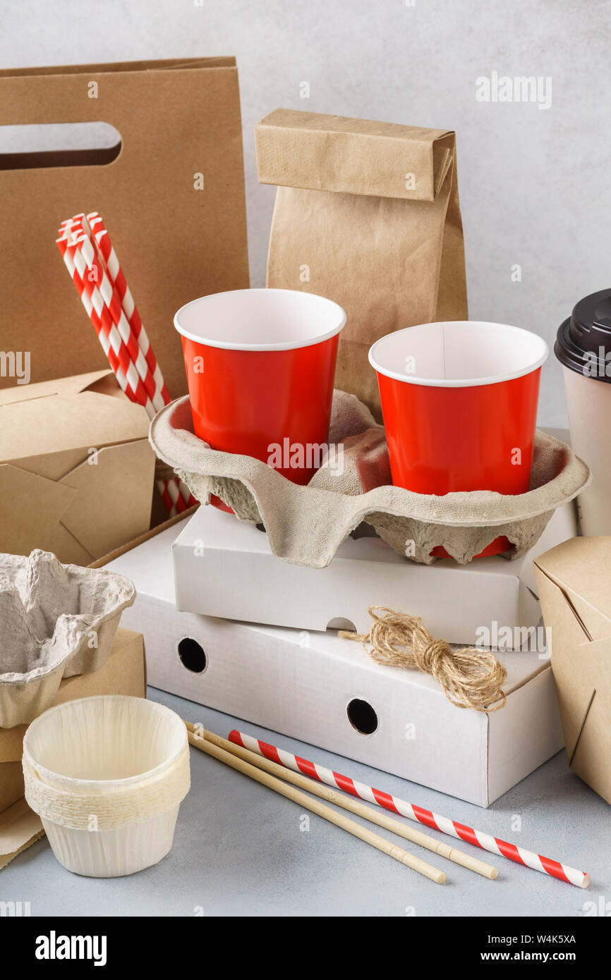 Set of various eco friendly packaging, disposable recyclable containers ...