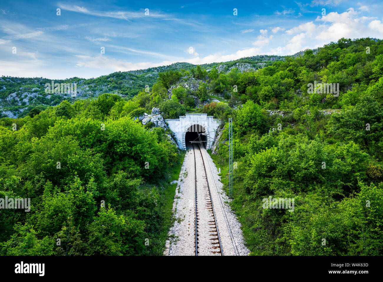 Montenegro, Beautiful railroad and train tunnel from above near ostrog ...