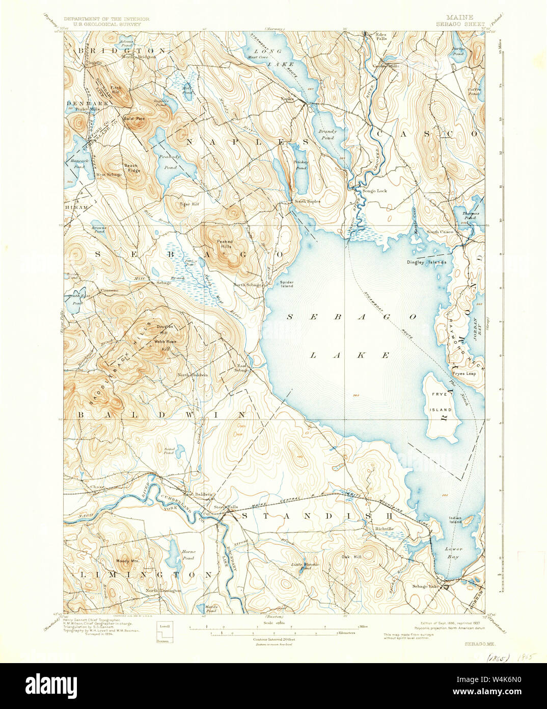 Maine USGS Historical Map Sebago 460846 1896 62500 Restoration Stock ...