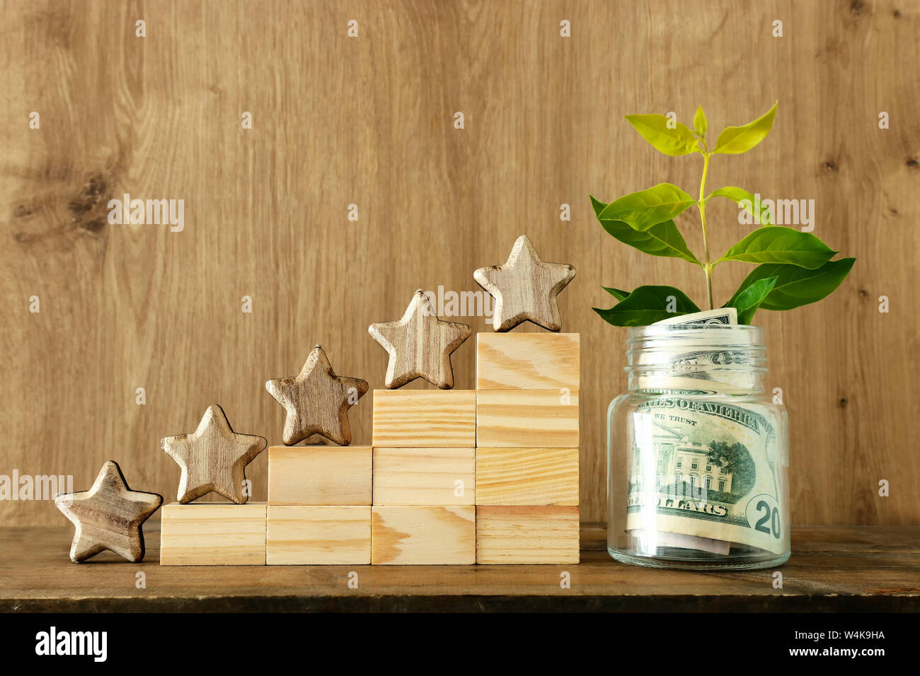 business concept image of setting a five star goal. increase rating or ...