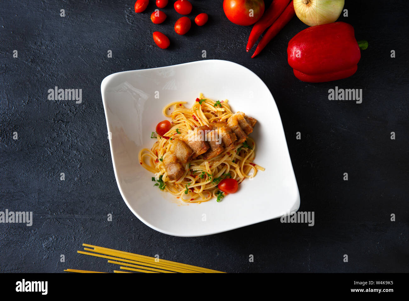 crispy Pork belly spaghetti with background flat lay Stock Photo - Alamy