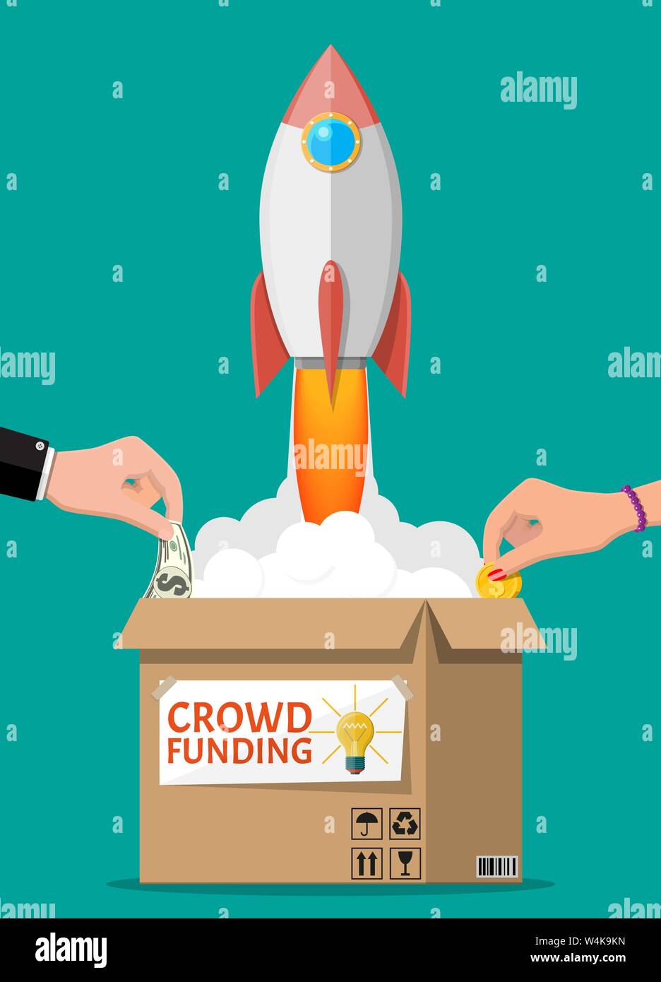 Cardboard box, space rocket and hands with money Stock Vector Image ...