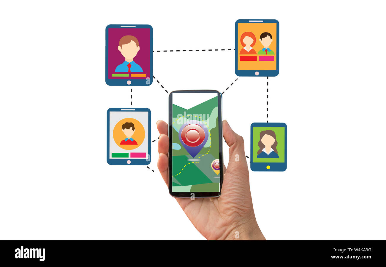 hand holding mobile phone with connection concept Stock Photo - Alamy