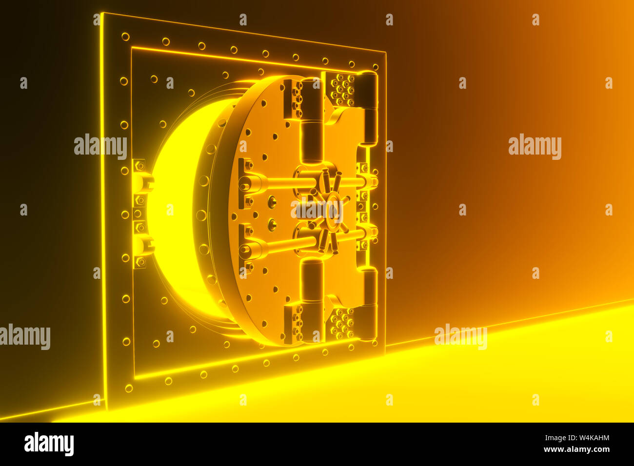 Front view of light gold bank vault door, closed. The door to the bank ...