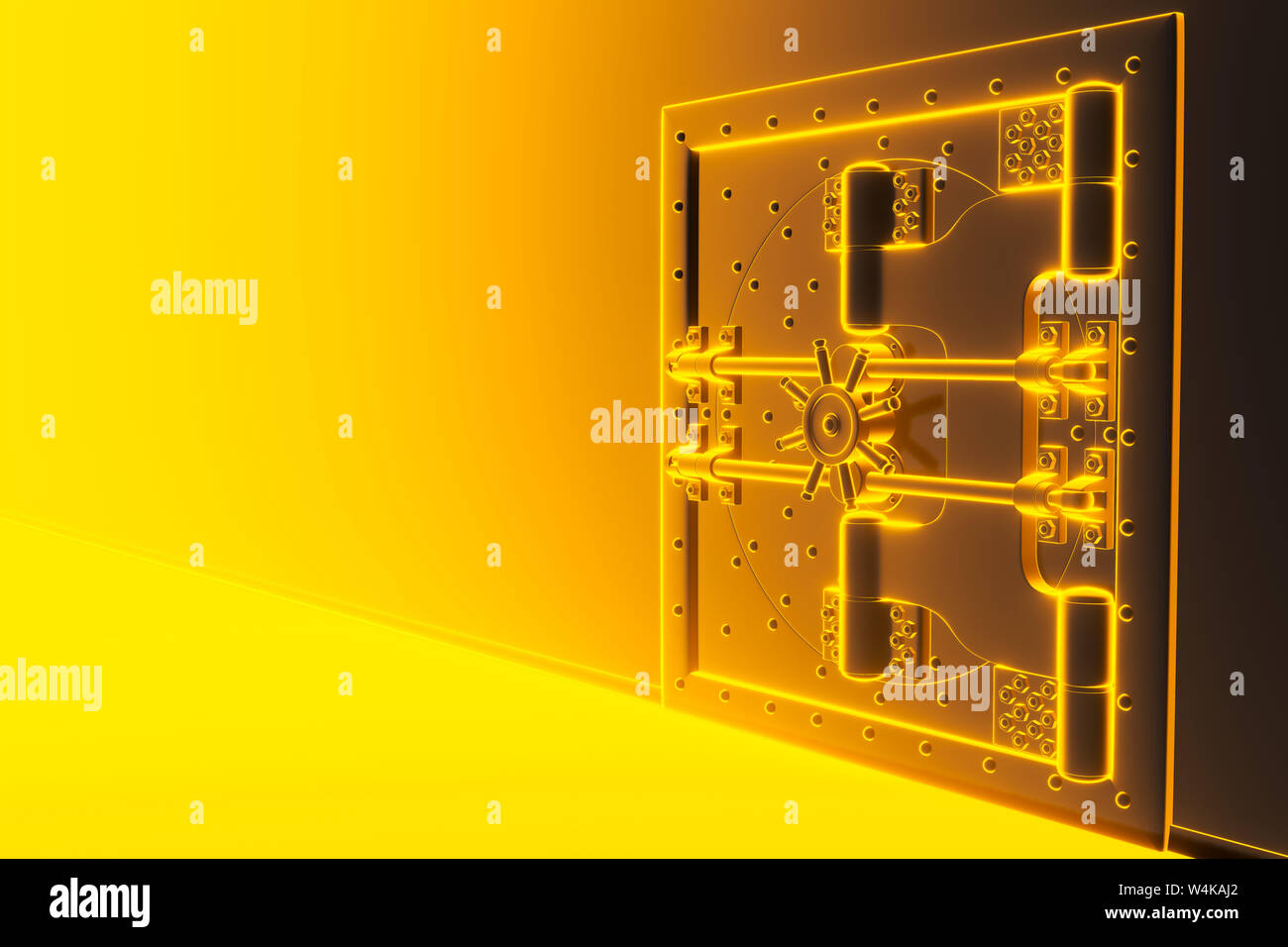 Front view of light gold bank vault door, closed. The door to the bank ...