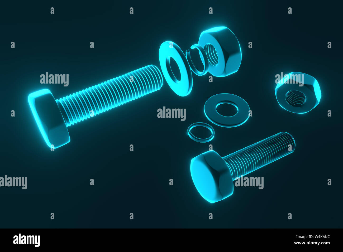 Bolts, nuts, washers, growers on a white background 3D rendering Stock ...