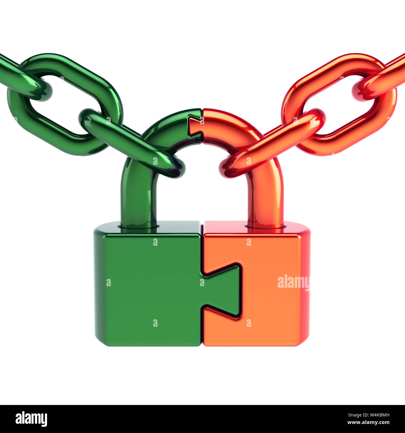 Concept puzzle lock padlock closed with chain link green orange parts ...
