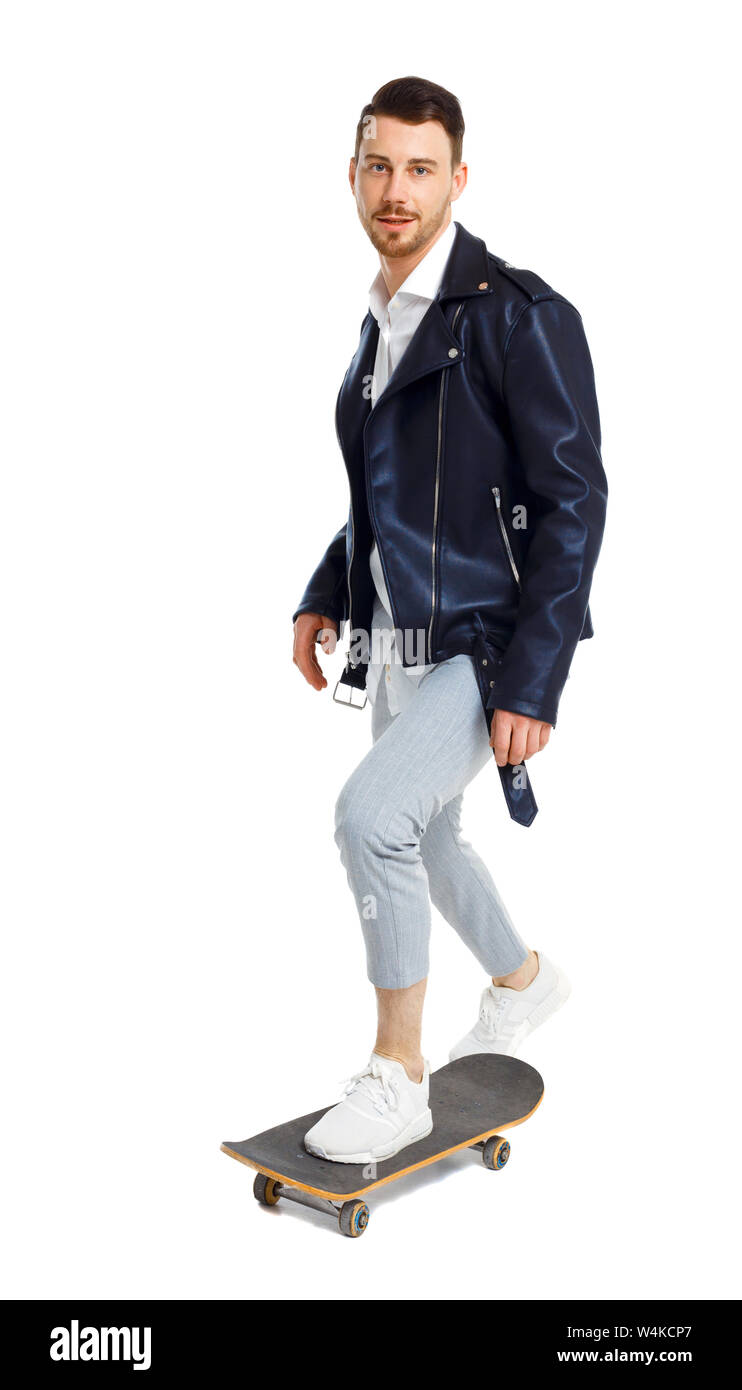 Front view of a man with a skateboard. Isolated over white background ...