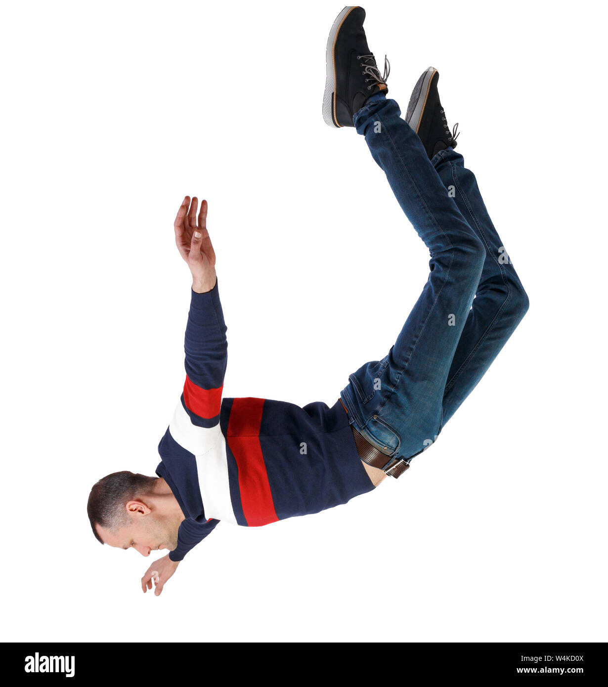 Side view of man in zero gravity or a fall. guy is flying, falling or ...