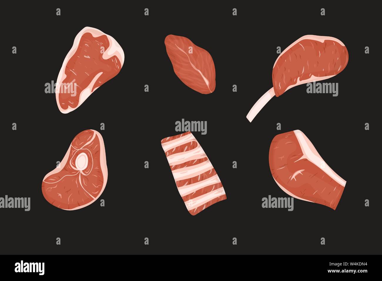 Set of raw meats cuts. Vector Illustration. Black background Stock ...