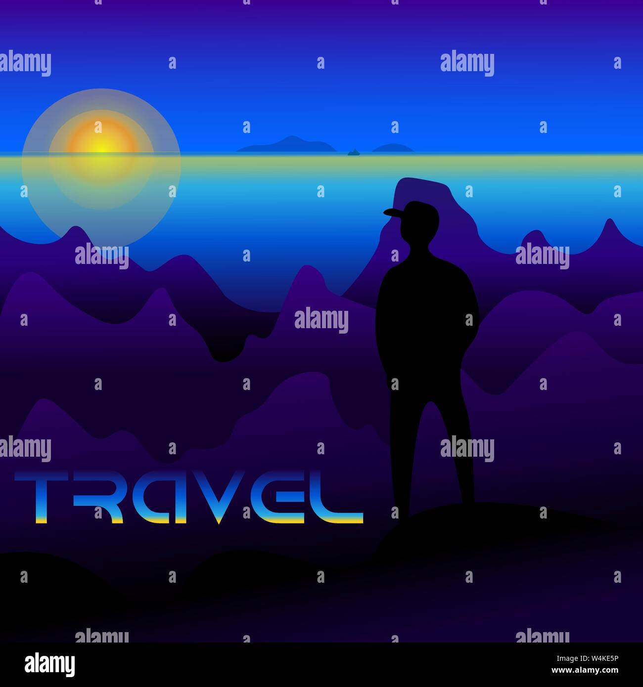 illustration of a travel with a human figure on the background of a sea ...