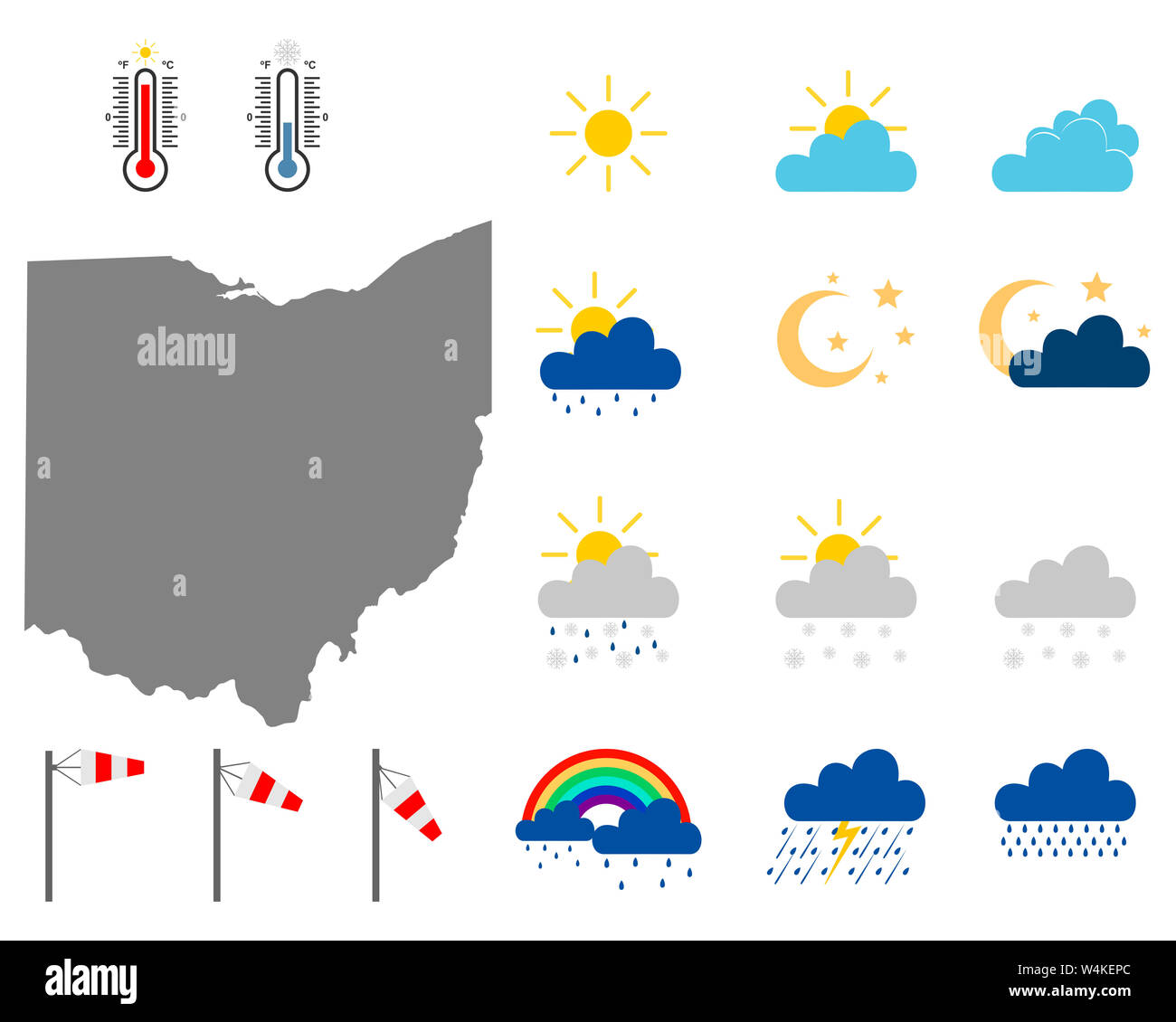 Map of Ohio with weather symbols Stock Photo - Alamy