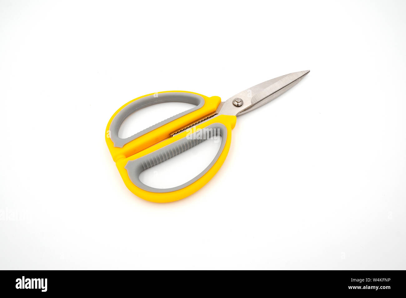 Yellow grey handle scissors isolate on white background. Paper, art ...
