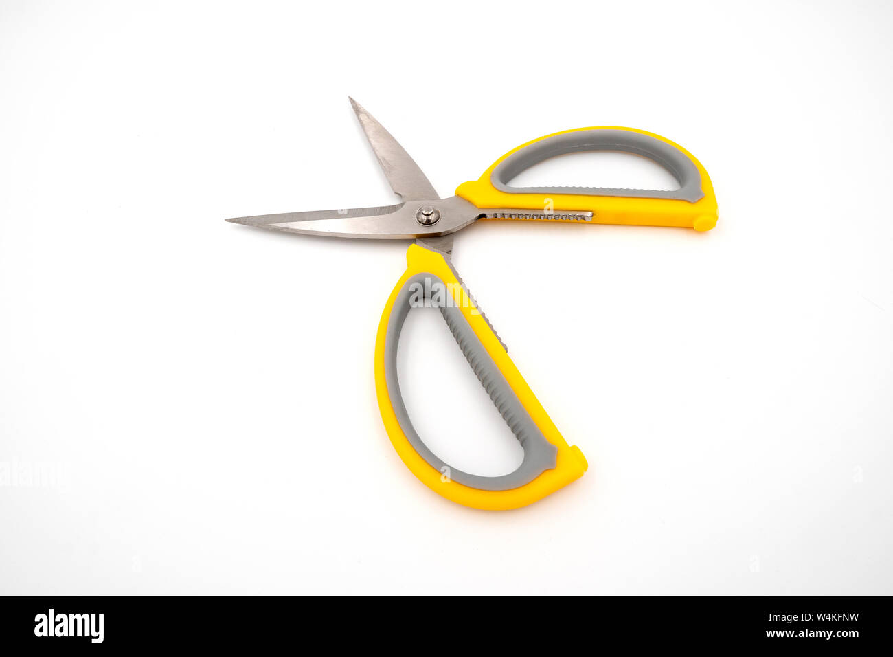 Yellow grey handle scissors isolate on white background. Paper, art ...