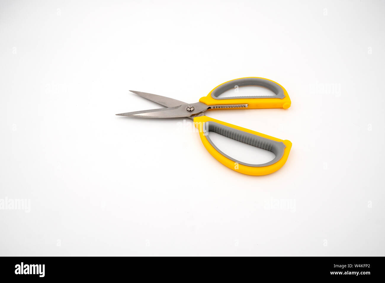Yellow grey handle scissors isolate on white background. Paper, art ...