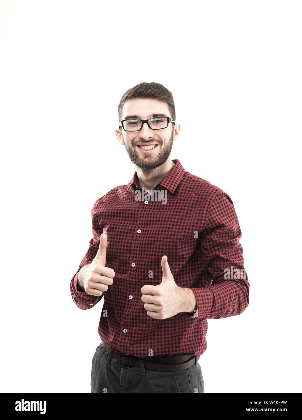 successful Manager makes two hand gesture thumb up at white background ...