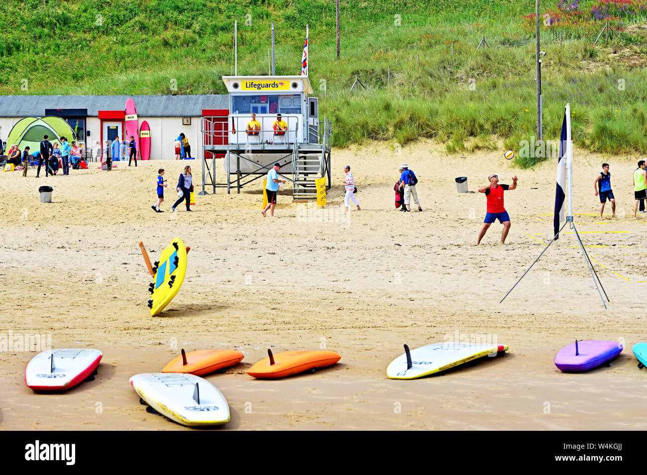 Volley ball summer and surfboards and lifeguards Tynemouth Long Sands ...