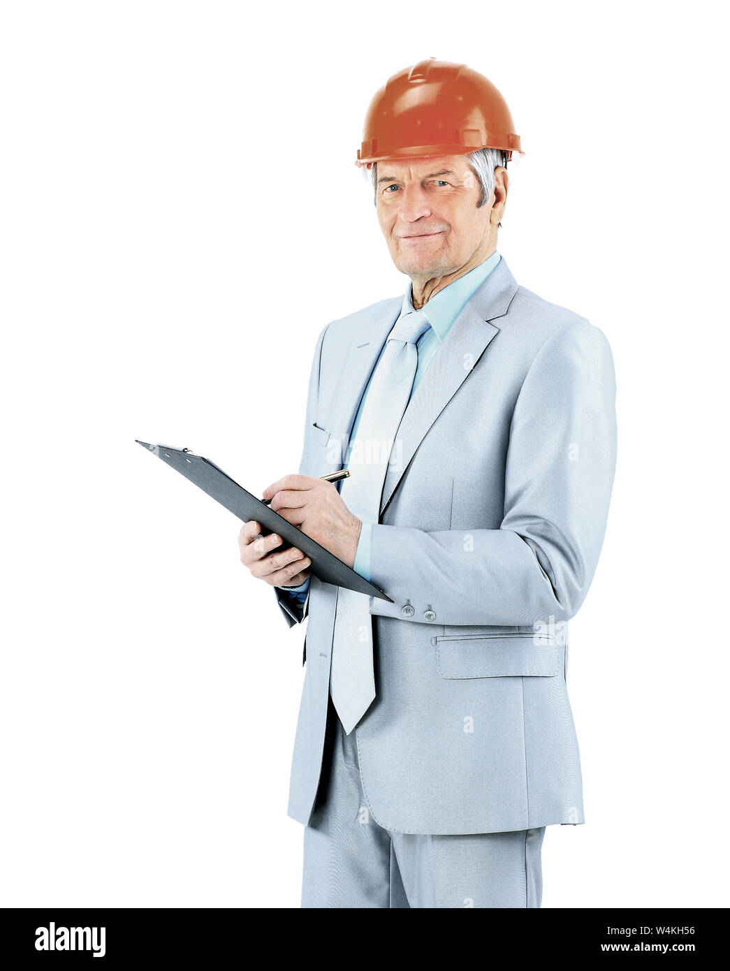 Engineer of age, with a plan reports. Isolated on a white background ...