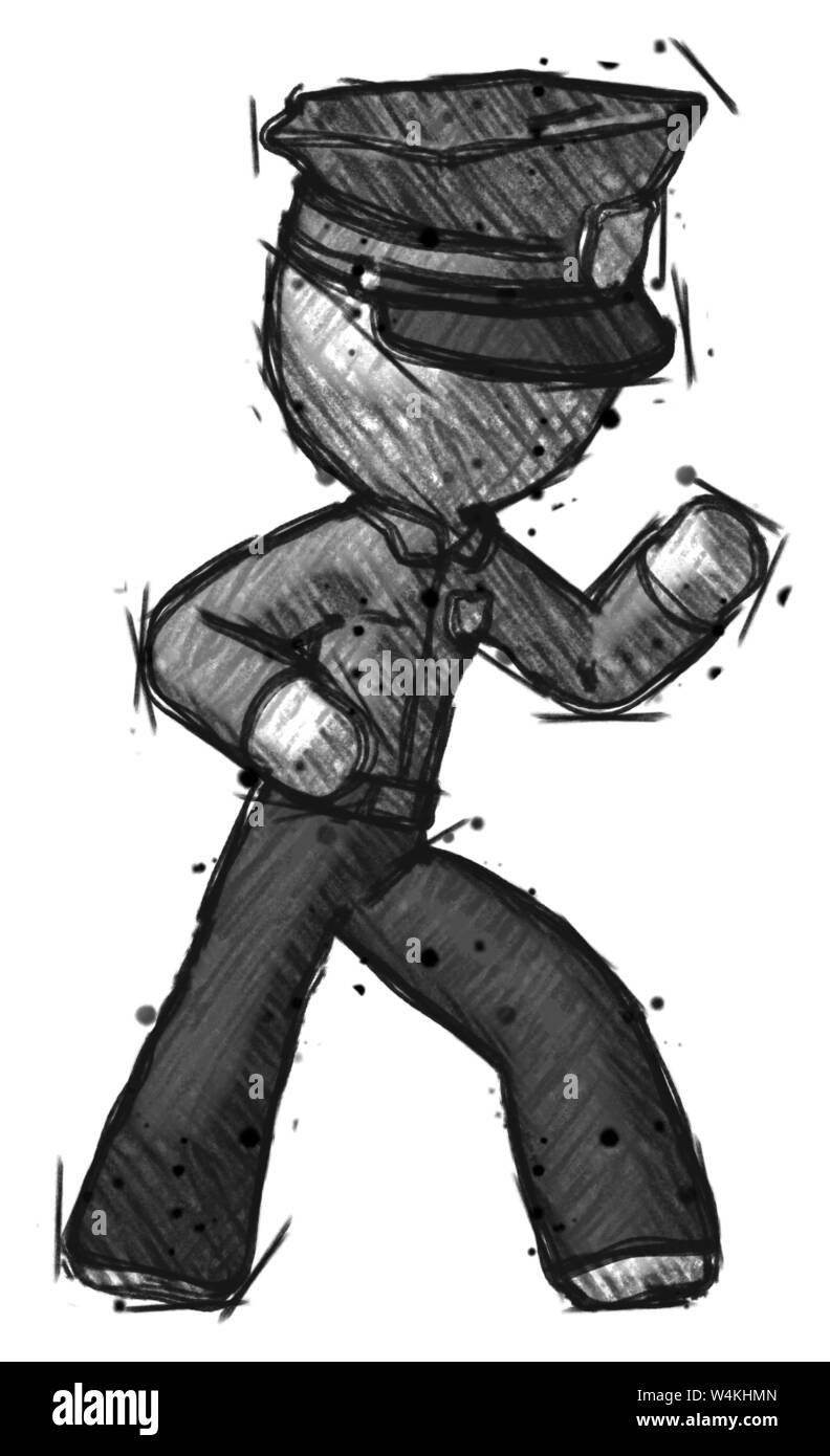 Sketch police man martial arts defense pose right Stock Photo - Alamy