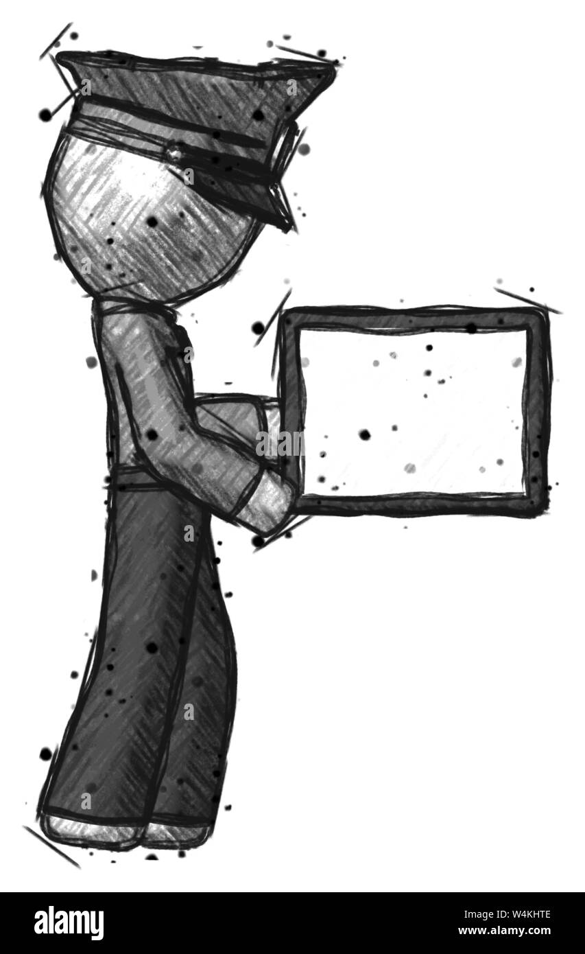 Sketch police man show tablet device computer to viewer, blank area ...