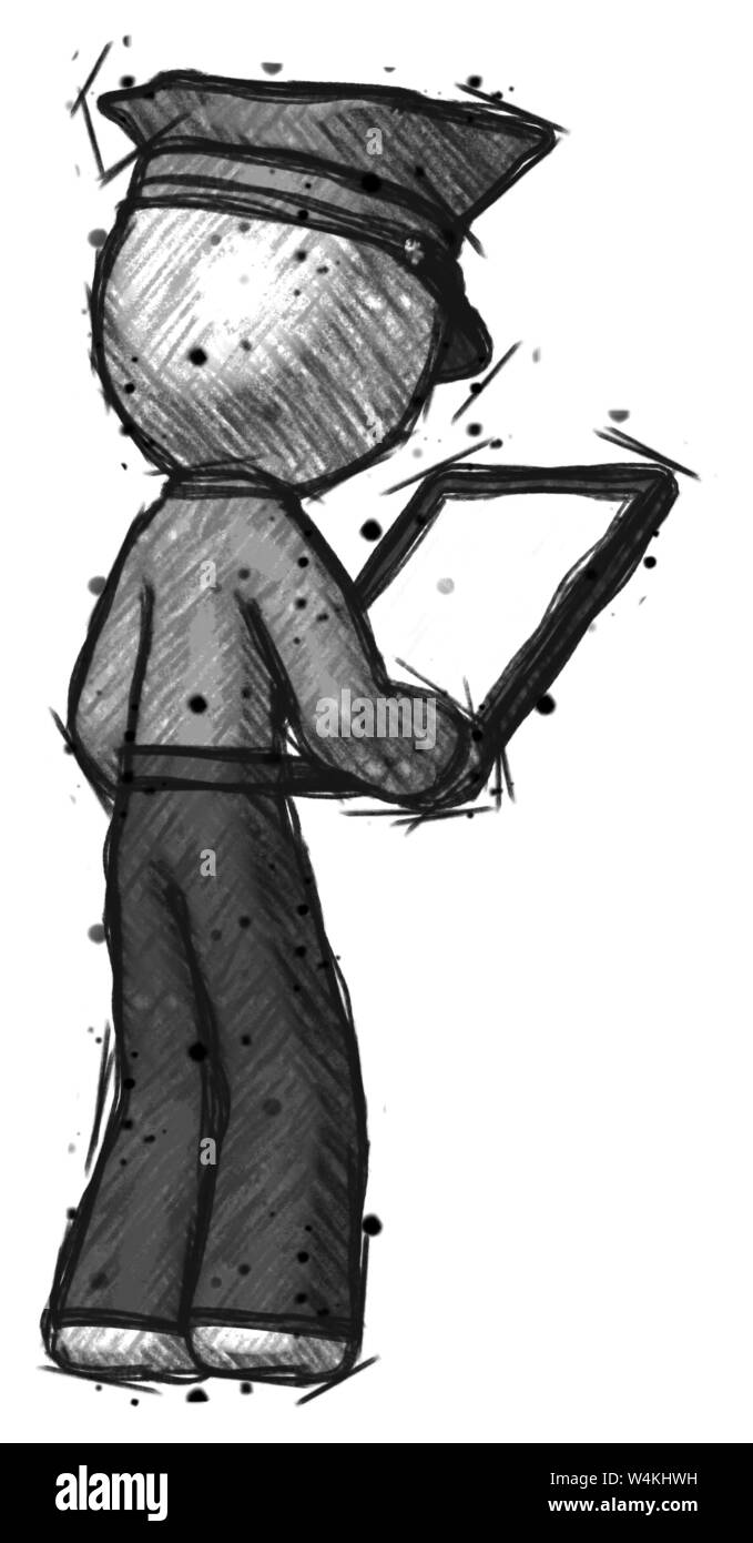 Sketch police man looking at tablet device computer facing away Stock ...