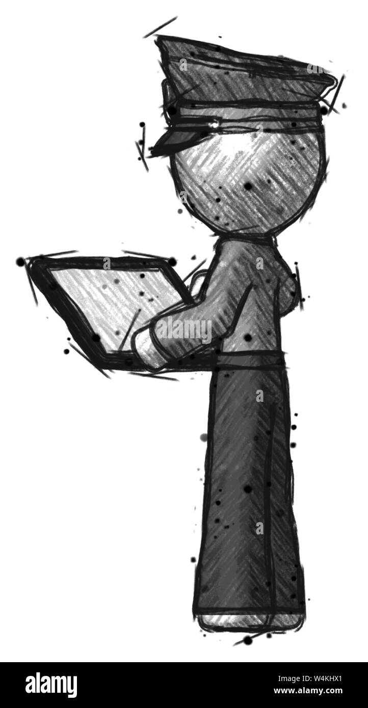 Sketch police man looking at tablet device computer with back to viewer ...