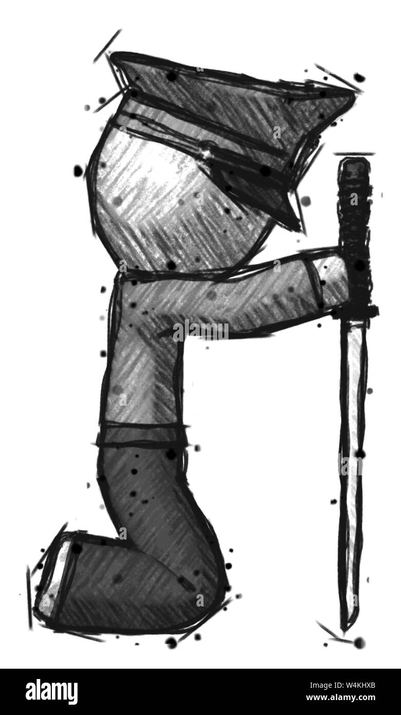 Sketch police man kneeling with ninja sword katana showing respect ...