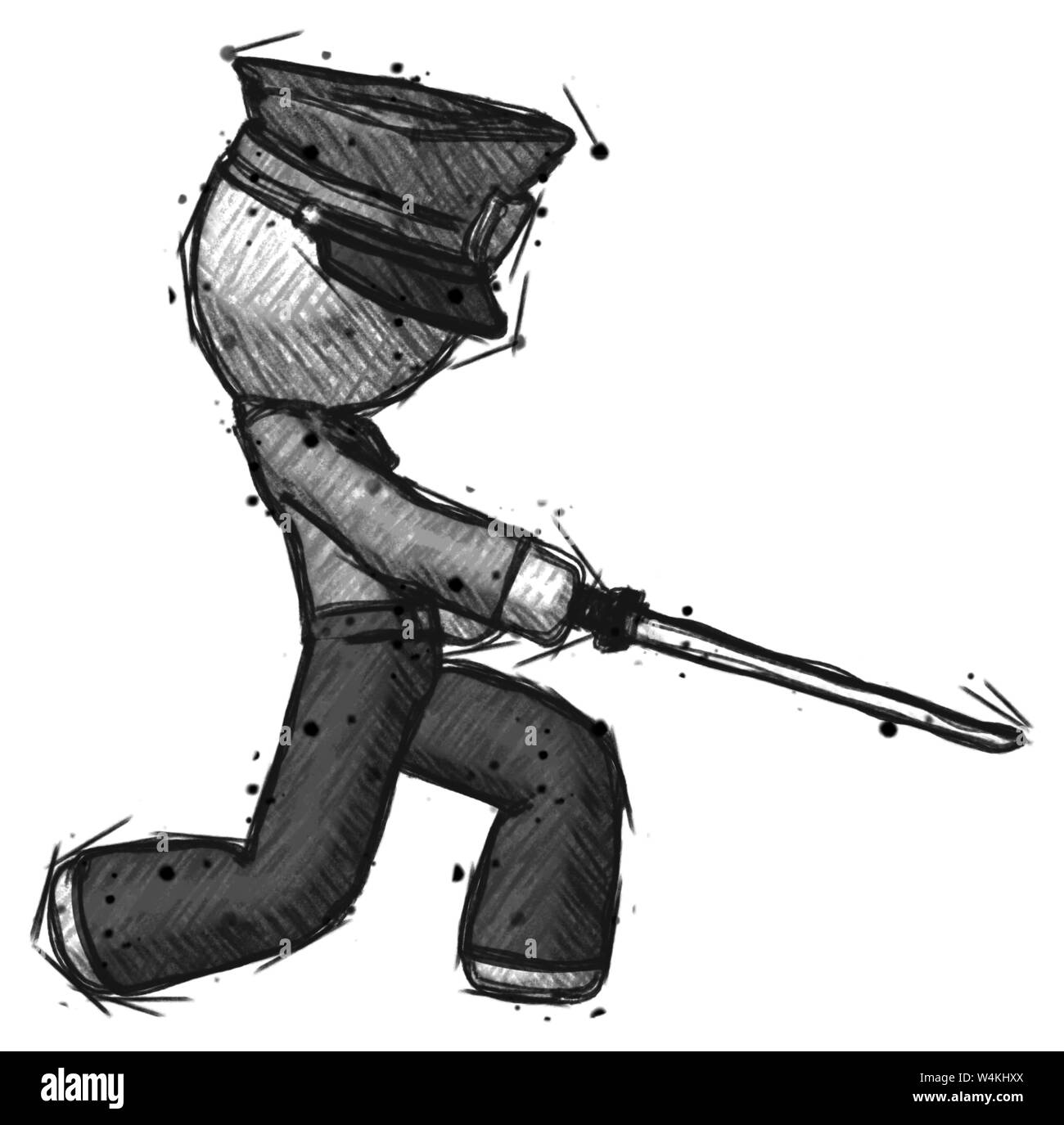 Sketch police man with ninja sword katana slicing or striking something ...