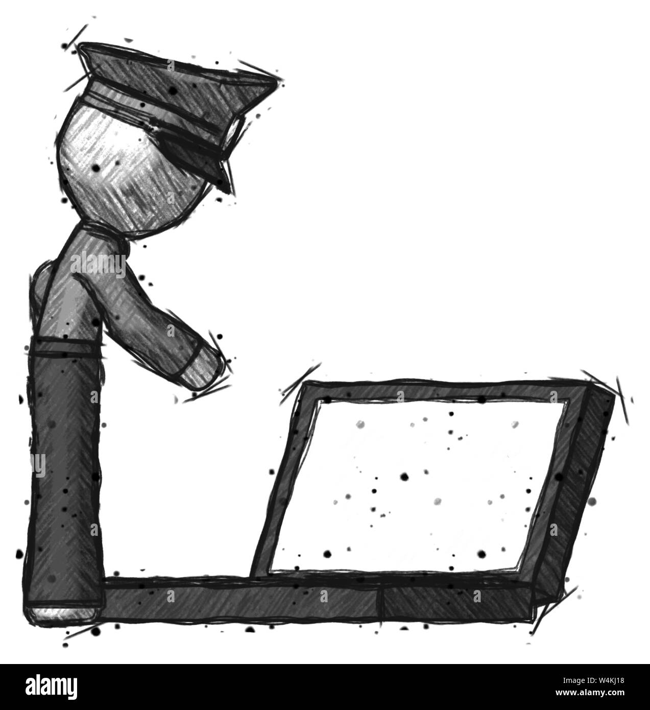 Sketch police man using large laptop computer side orthographic view ...